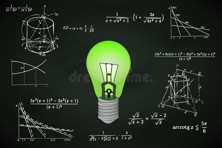 Green Lightbulb on Blackboard with Math Calculations Stock Illustration ...