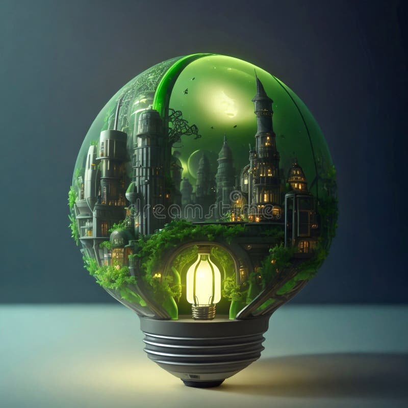 Green Lightbulb with Cityscape Inside. Stock Illustration ...