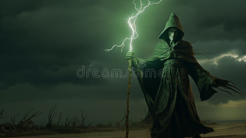 Green Lightning and Necromancer Stock Illustration - Illustration of ...