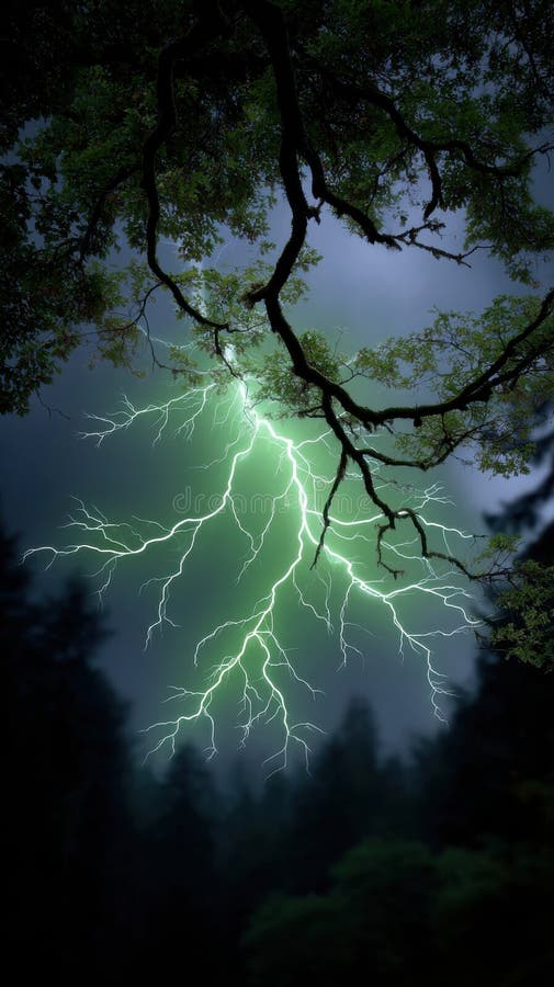 Green Lightning Strikes through Tree Branches during a Nighttime ...