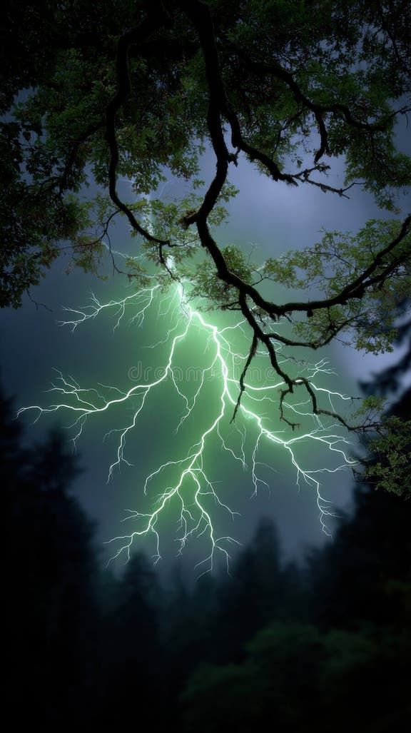 Green Lightning Strikes through Tree Branches during a Nighttime ...