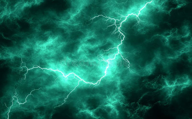 Green Lightning Striking through Dark Storm Clouds at Night Stock Image ...