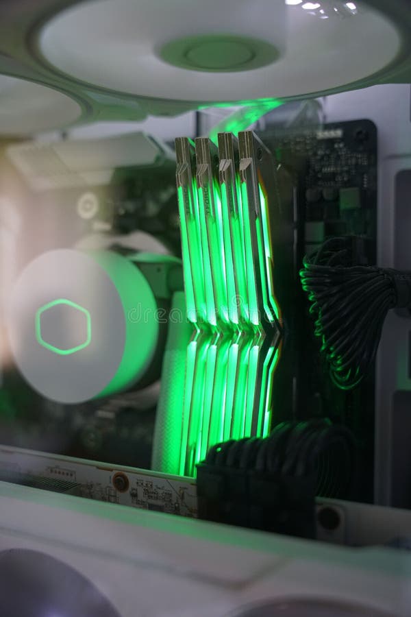 Green Lights Inside a Custom PC Stock Photo - Image of work, light ...