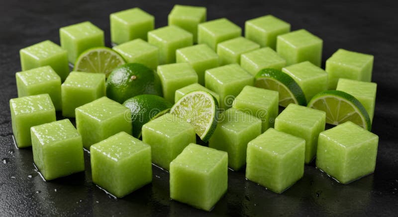 Green Lime Cubes and Slices on Dark Background Stock Illustration ...