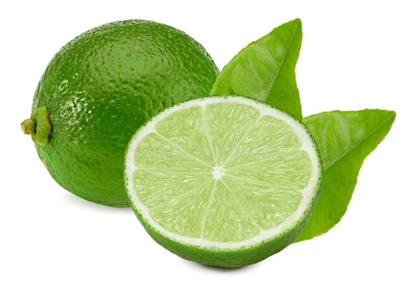 Green Lime with Leaves Isolated on White Background. Clipping Pathg ...