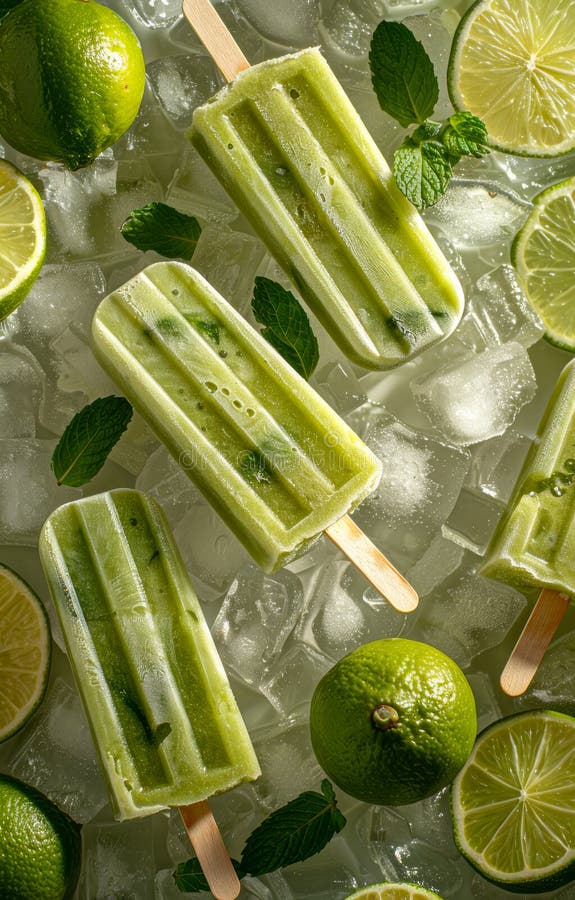 Green Lime Popsicles on Bed of Ice. a Top Down Photo of Multiple ...