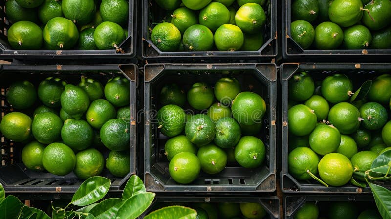 Green Lime Storage. Set of Raw Lime in Boxes. Top View. Stock Photo ...