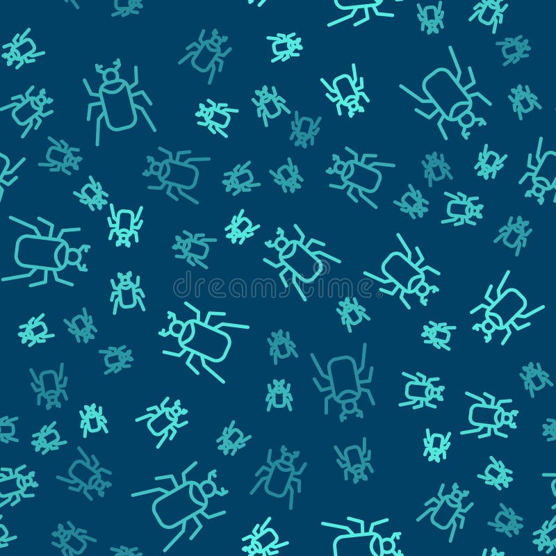 Green Line Beetle Bug Icon Isolated Seamless Pattern on Blue Background ...