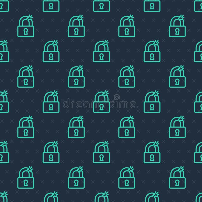 Green Line Broken or Cracked Lock Icon Isolated Seamless Pattern on ...