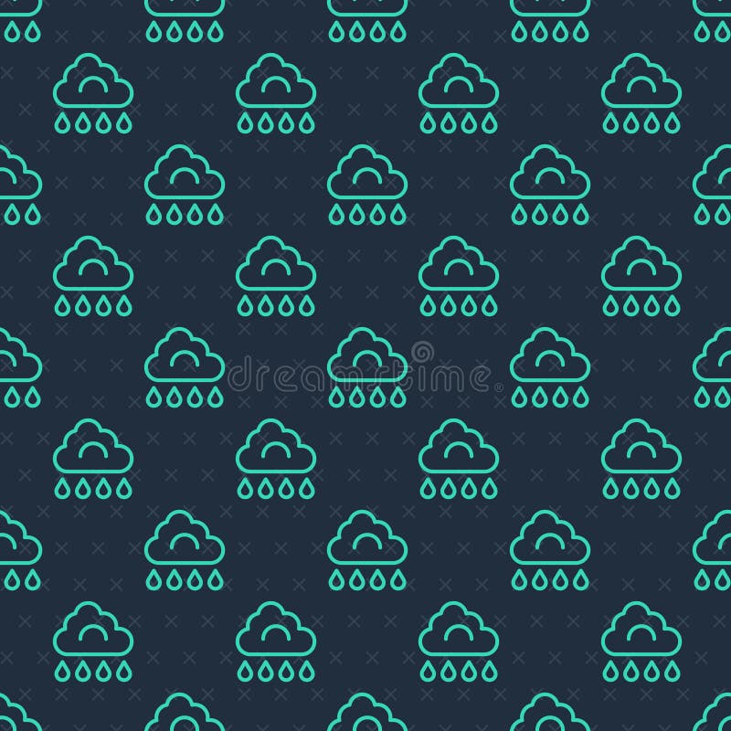 Green Line Cloud with Rain Icon Isolated Seamless Pattern on Blue ...