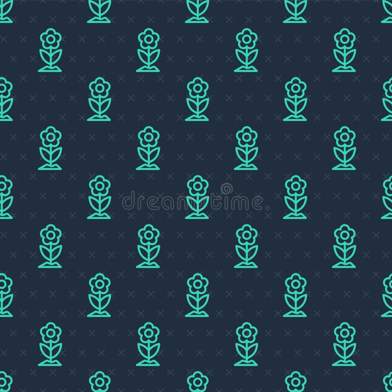 Green Line Flower Icon Isolated Seamless Pattern on Blue Background ...