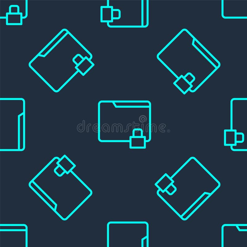 Green Line Folder and Lock Icon Isolated Seamless Pattern on Blue ...