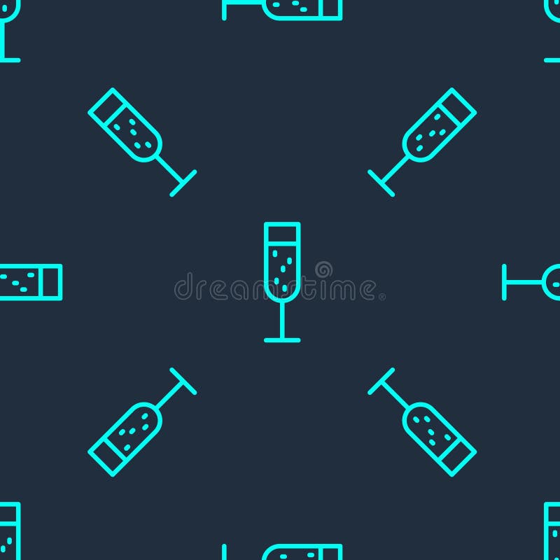 Green Line Glass of Champagne Icon Isolated Seamless Pattern on Blue ...
