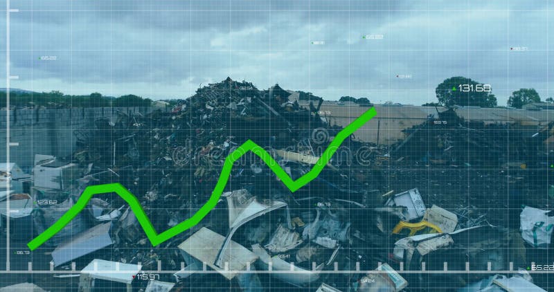 Green Line Graph Image Over Large Pile of Electronic Waste in Recycling ...