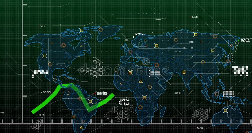 Green Line Graph Image Over World Map with Data Points and Grid Stock ...