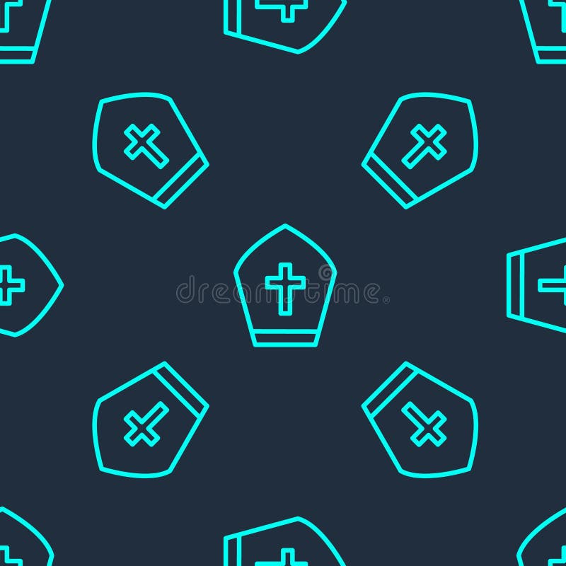 Green Line Pope Hat Icon Isolated Seamless Pattern on Blue Background ...