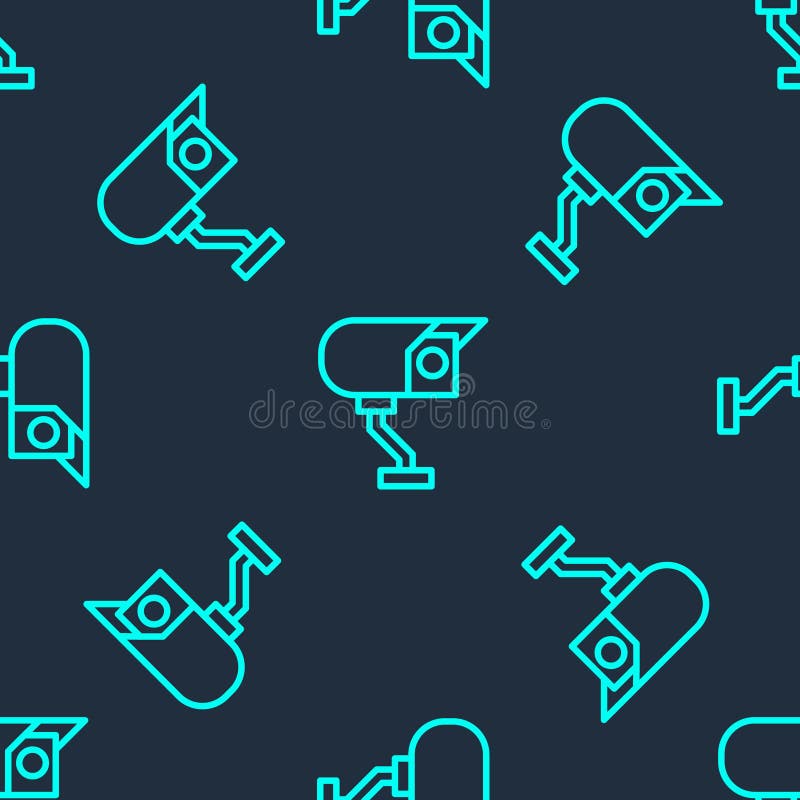 Green Line Security Camera Icon Isolated Seamless Pattern on Blue ...