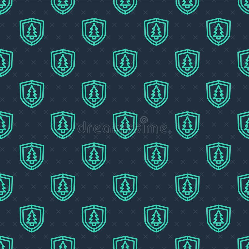 Green Line Shield with Tree Icon Isolated Seamless Pattern on Blue ...