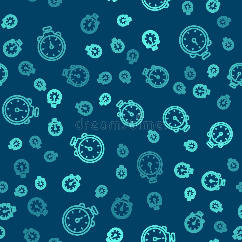 Green Line Stopwatch Icon Isolated Seamless Pattern on Blue Background ...