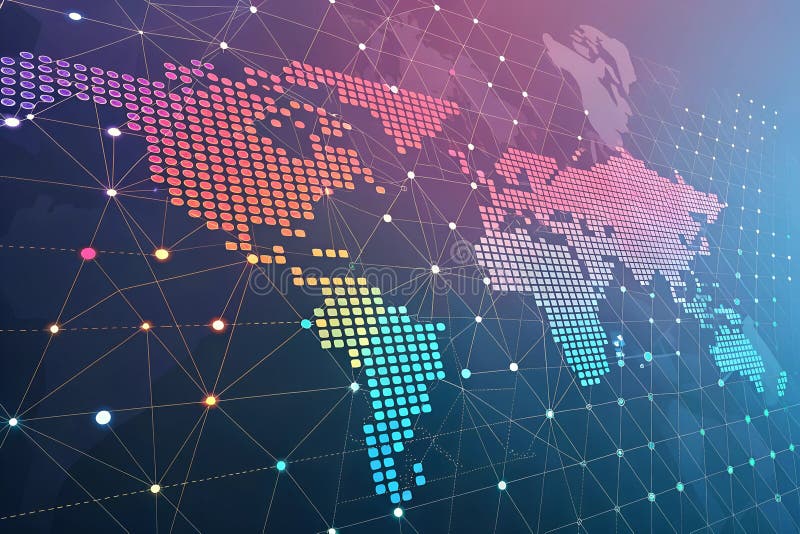 Green Lines and Dots Marking Digital World Map, Showing Global ...