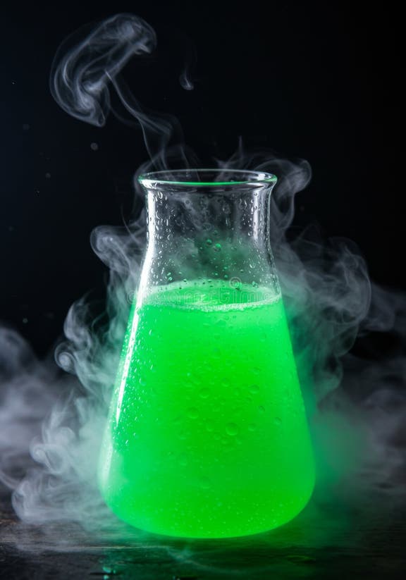 Green Liquid in Beaker with Smoke and Dark Background Stock ...