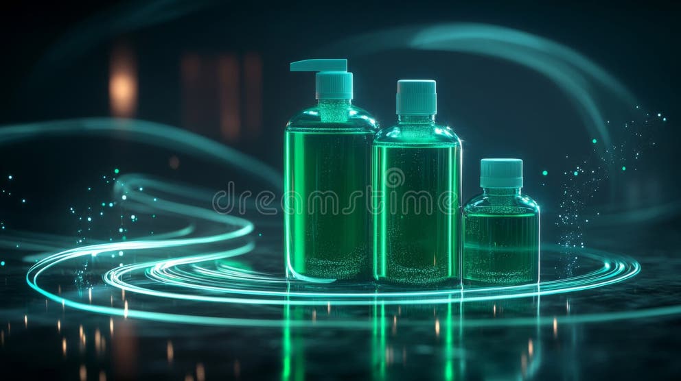 Green Liquid Bottles with Teal Glow and Dark Background Stock ...