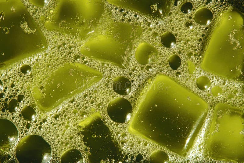 Green Liquid with Bubbles and Ice Cubes, Patterns and Texture, Closeup ...