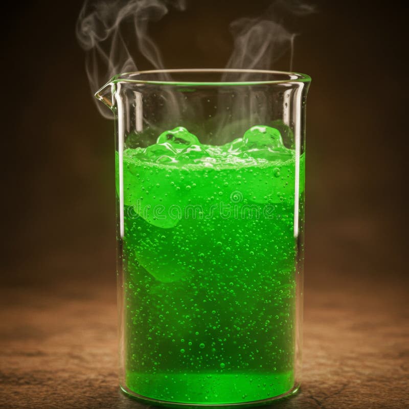 Glass Beaker, Filled with Bubbling Green Liquid, Being Heated by Bunsen ...