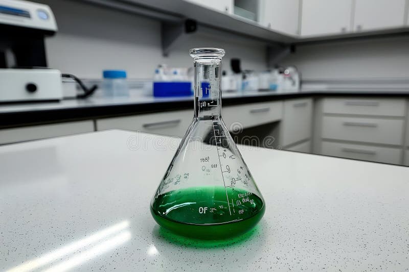 Green Liquid in Erlenmeyer Flask on Lab Bench in a Modern Laboratory ...