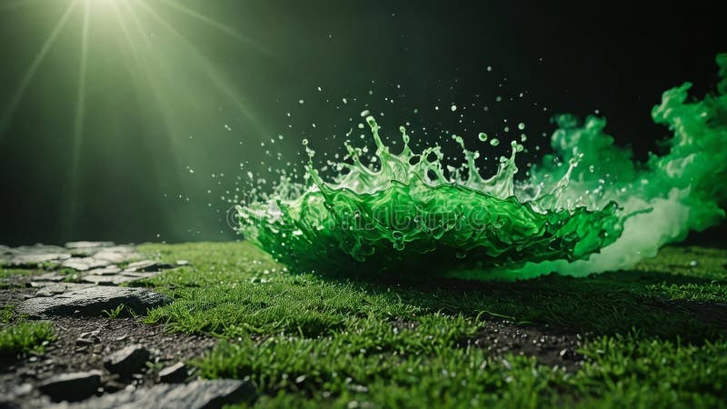 Green Liquid Splash on Grass with Sun Rays Creating a Dynamic, Vibrant ...