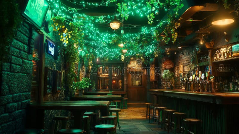 Green-Lit Cozy Pub Interior at Night Stock Illustration - Illustration ...
