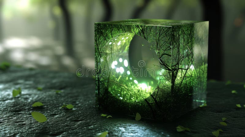 Green-lit Cube Featuring Forest-inspired Patterns Stock Photo - Image ...