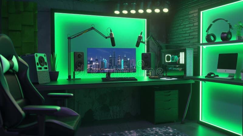 Green Lit Gaming Setup with Desk and Chair Stock Image - Image of ...