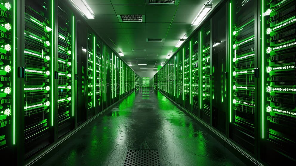 Green Lit Servers in Data Center Network Room Stock Illustration ...