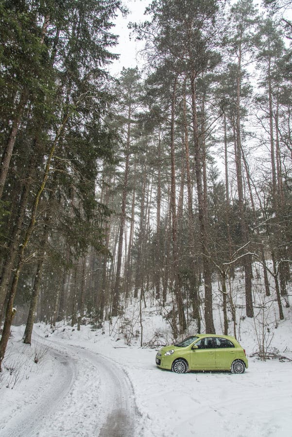 Small Green Little Car in Winter Forest Stock Photo - Image of forest ...