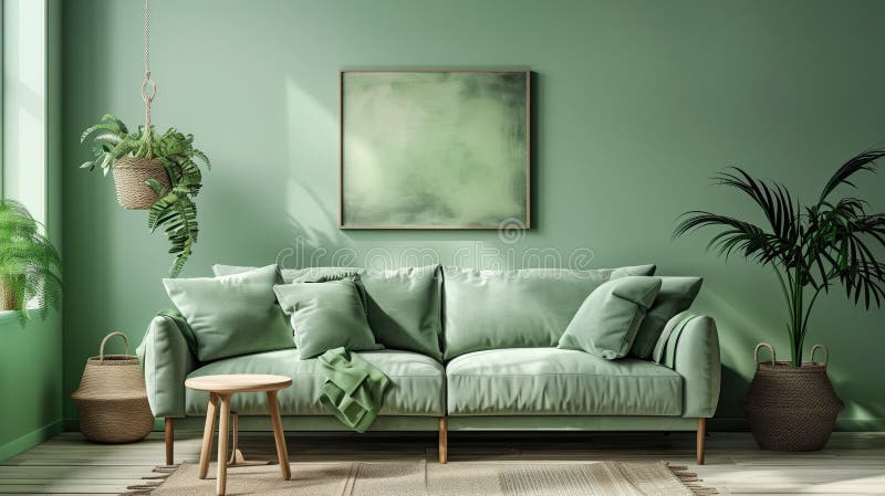 Green Living Room Interior with Sofa and Green Wall Mock Up, 3d Render ...