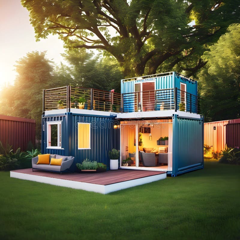 Green Living: Tiny Container Homes with Garden and Terrace Spaces Stock ...