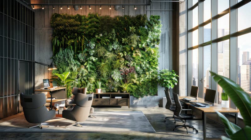 Green Living Wall in Modern Office Interior with People Working Stock Illustration ...
