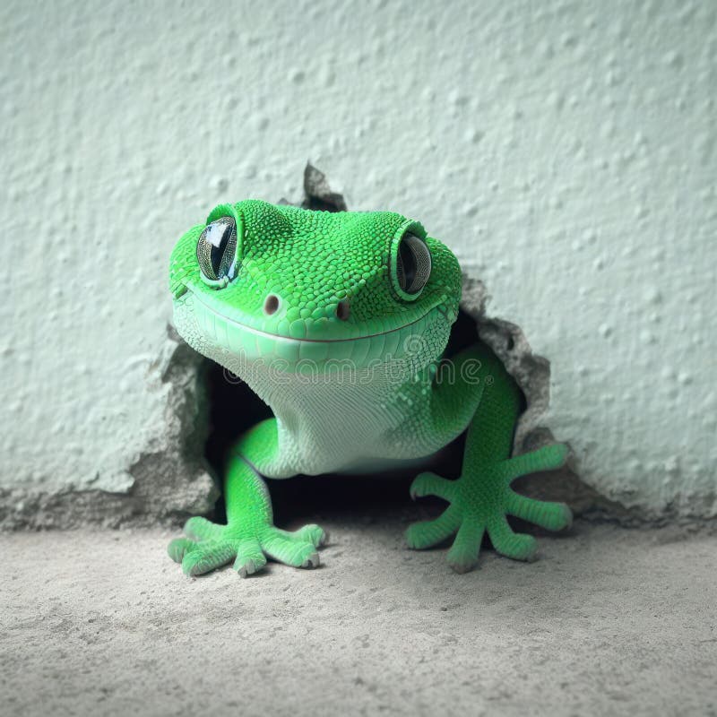 A Green Lizard Crawled Out of a Hole in the Wall. Stock Illustration ...