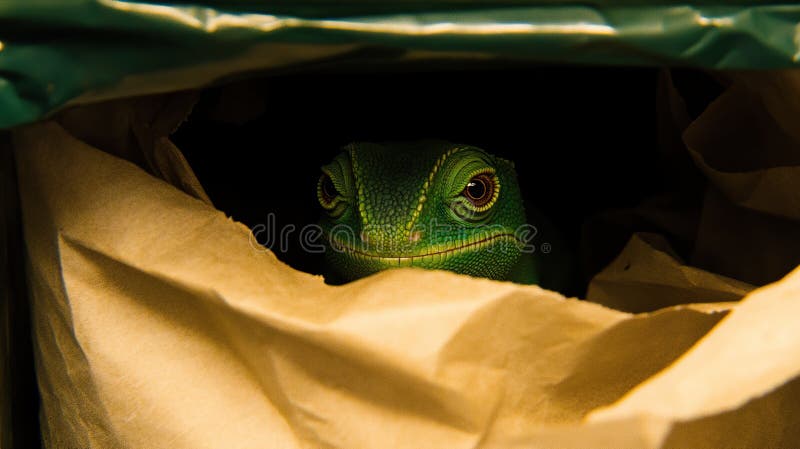 Green Lizard Hiding Paper Bag, Dark Bin, Studio Shot, Pet Reptile Stock ...