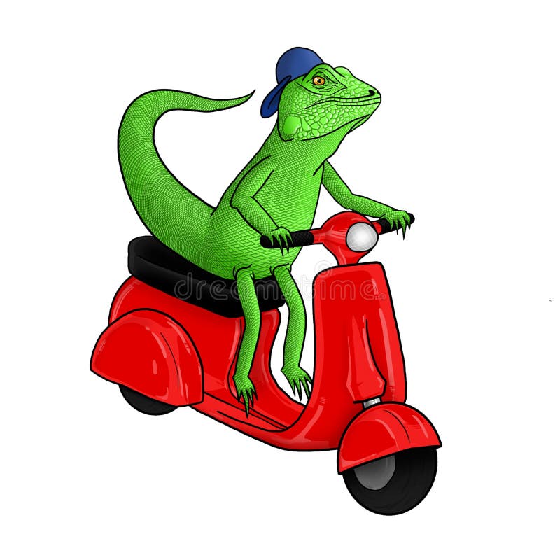 Green Lizard on a Red Motorcycle Stock Illustration - Illustration of ...