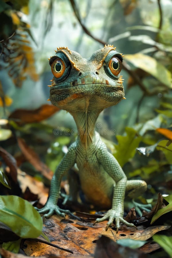 A Green Lizard Sitting on Top of a Leaf Covered Ground Stock Image ...