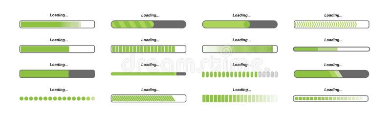 Green Loading Progress Collection with Various Types of Shapes Stock ...