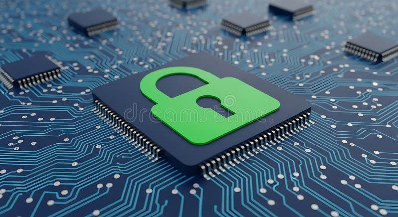 A Green Lock Icon Displayed on a Central Microchip Surrounded by a Blue Printed Stock ...