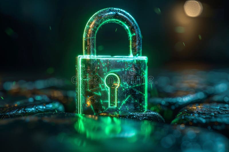 A Green Lock with a Keyhole is Shown in a Dark Background Stock Photo ...