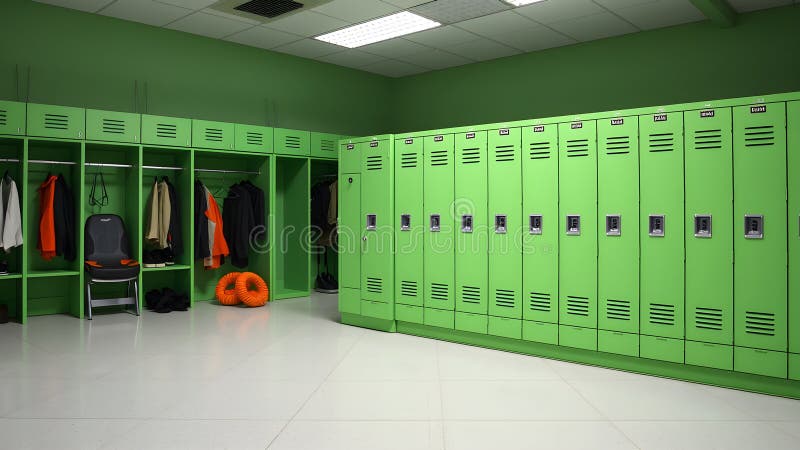 A Green Locker Room with a Row of Green Lockers Stock Illustration ...