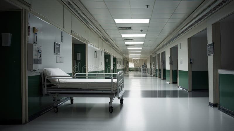 Green Long Hospital Bright Corridor with Rooms and Seats Stock Photo ...