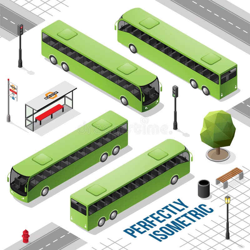 Green Long Isometric Bus from the Front Back Right and Left Stock ...