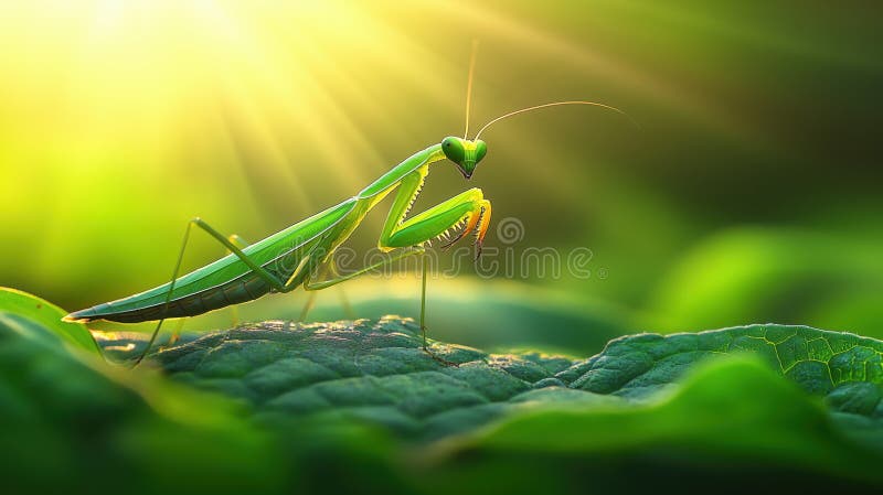 Green Mantis on Leaf, Basking in Warm Sunlight, Exudes Tranquility ...
