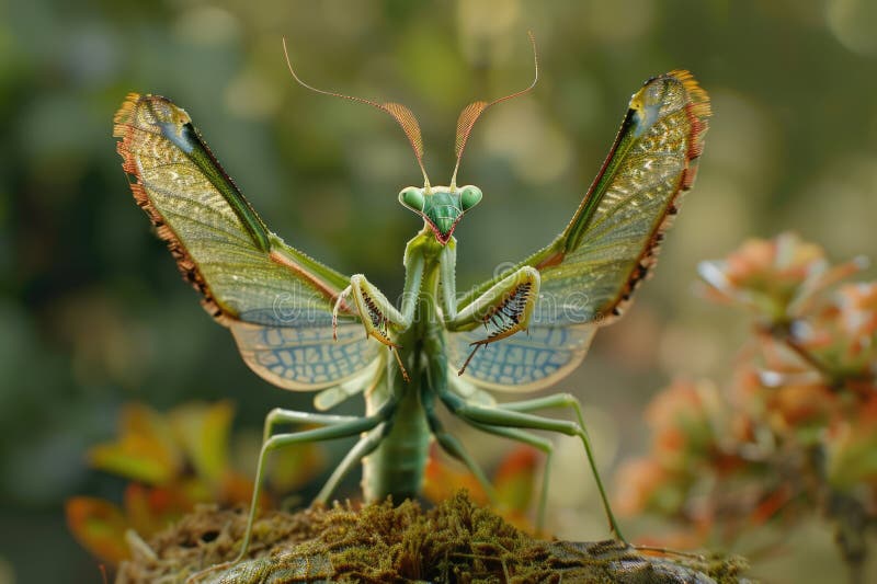 Green Mantis with Open Wings. Beautiful Insect in Nature Stock Photo ...